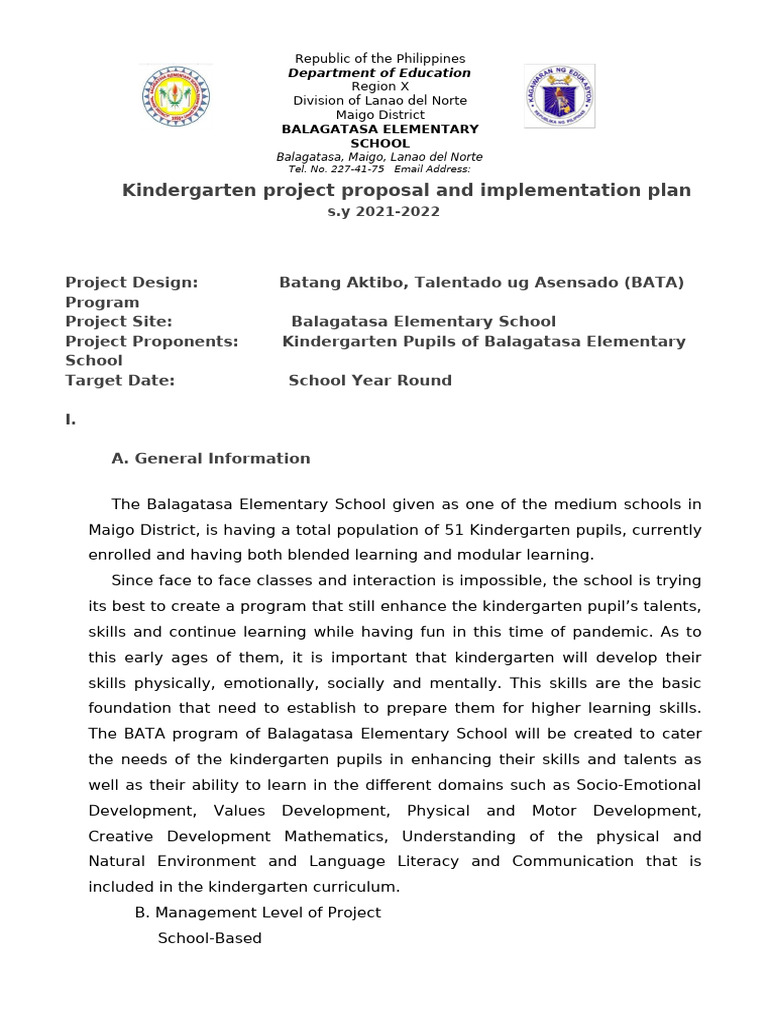 BATA Program: Kindergarten Implementation Plan | PDF | Kindergarten ...