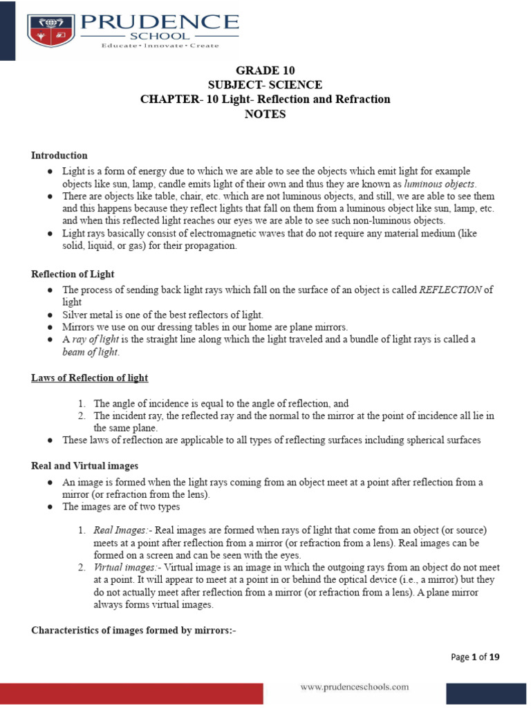 Light - Reflection and Refraction | PDF | Mirror | Reflection (Physics)