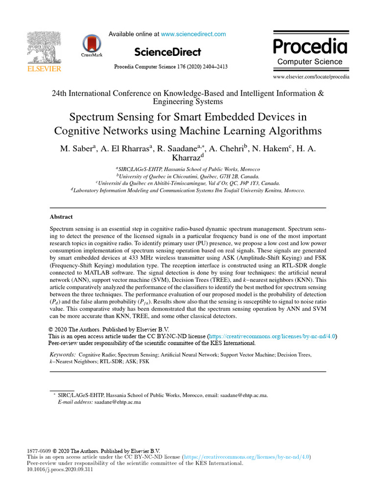 Spectrum Sensing For Smart Embedded Devices in Cognitive Networks Using Machine Learning ...