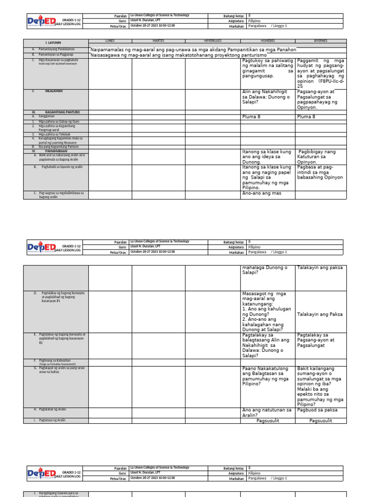 Dll-Filipino-Week 1-Quarter 2 | PDF
