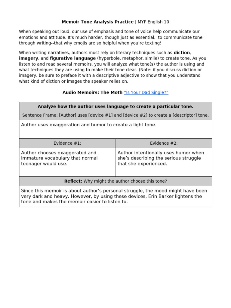 Memoir Tone Analysis Practice | PDF