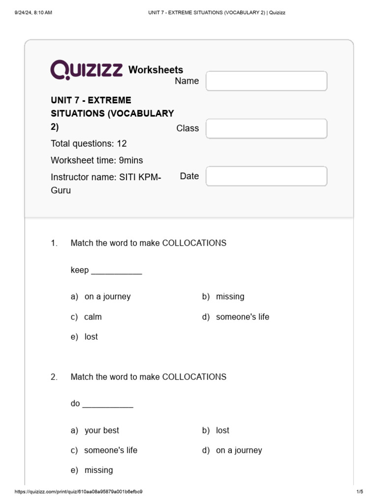 UNIT 7 - EXTREME SITUATIONS (VOCABULARY 2) - Quizizz | PDF | Learning ...