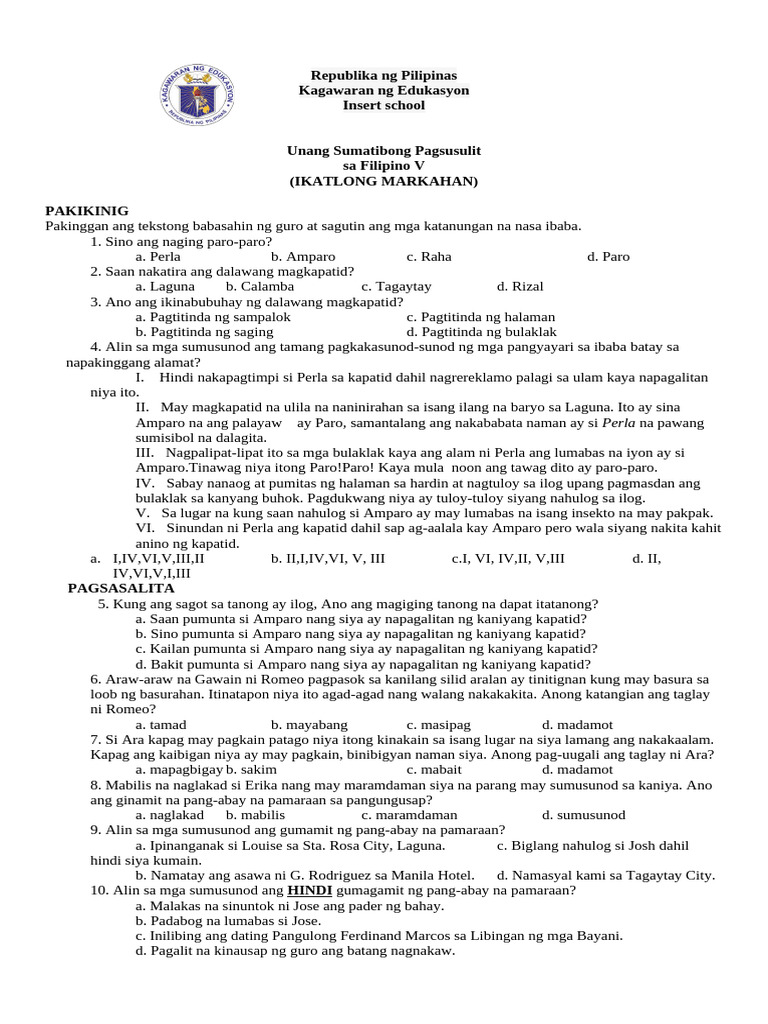 ST - Filipino 5 - Q3 - #1 | PDF