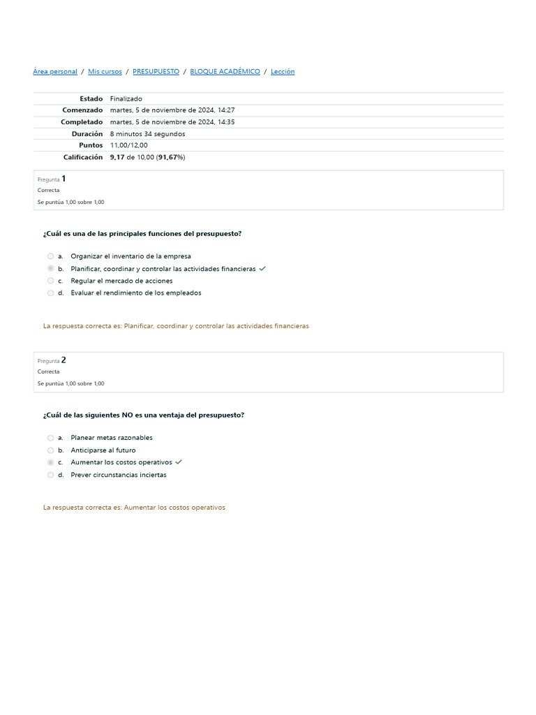 Lección - Revisión Del Intento - UG | PDF | Presupuesto | Economias