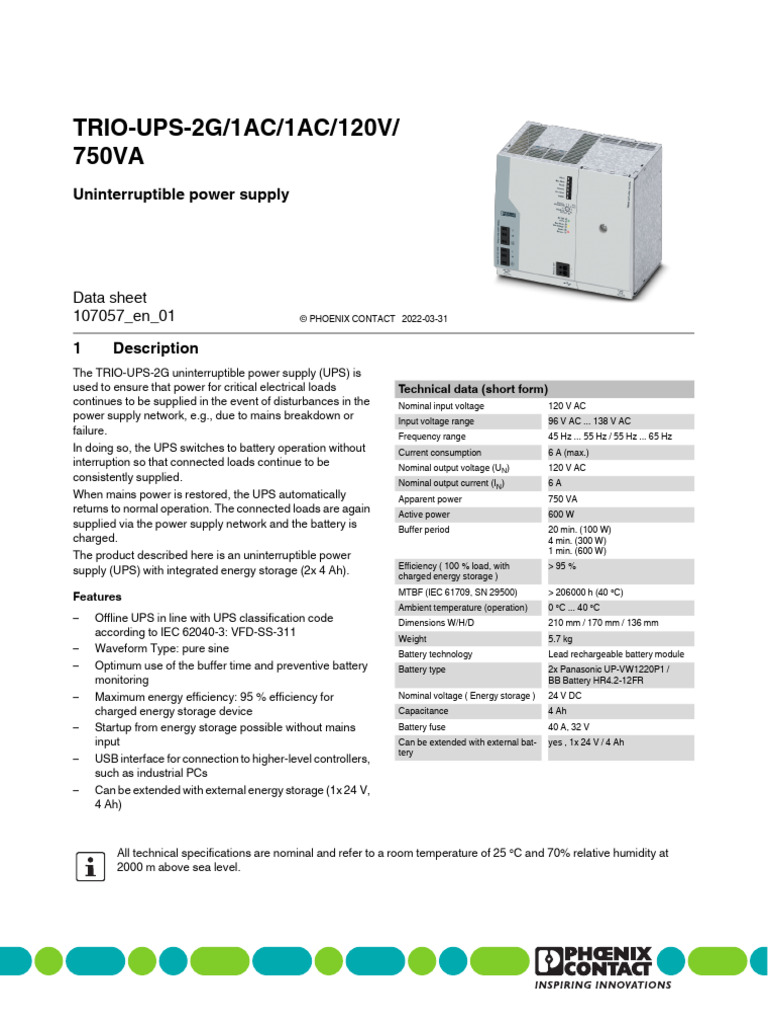 DB en Trio Ups 2g 1ac 1ac 120v 750va 107057 en 01 | PDF | Power Supply | Mains Electricity