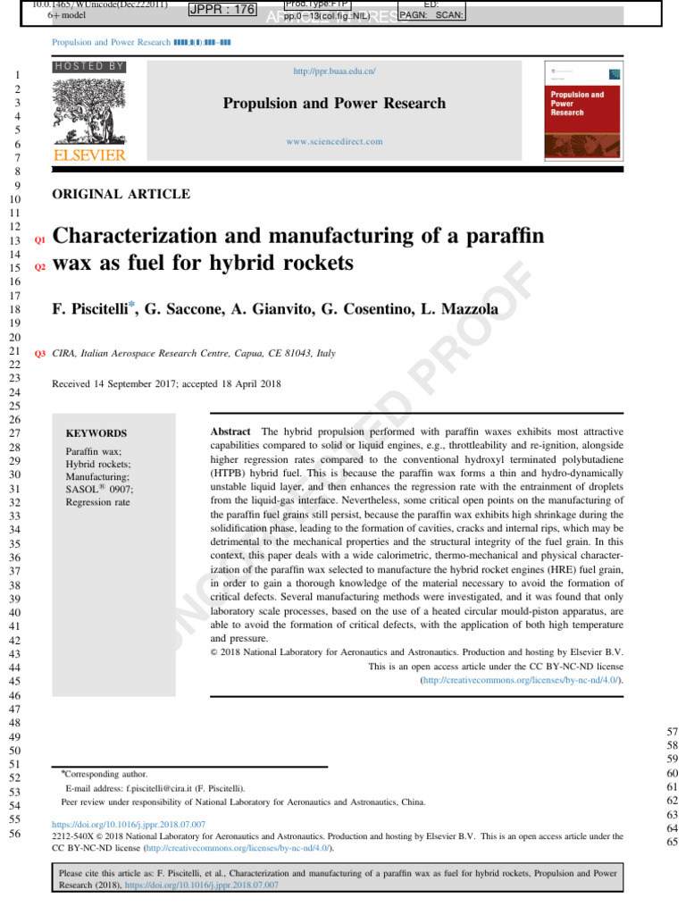 Characterization and Manufacturing of A Paraffin Q2 Wax As Fuel For Hybrid Rockets | PDF ...
