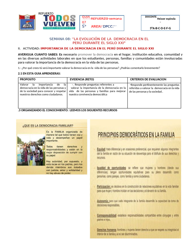 SEMANA 08 - DPCC - REFUERZO - 5to - Grado | PDF