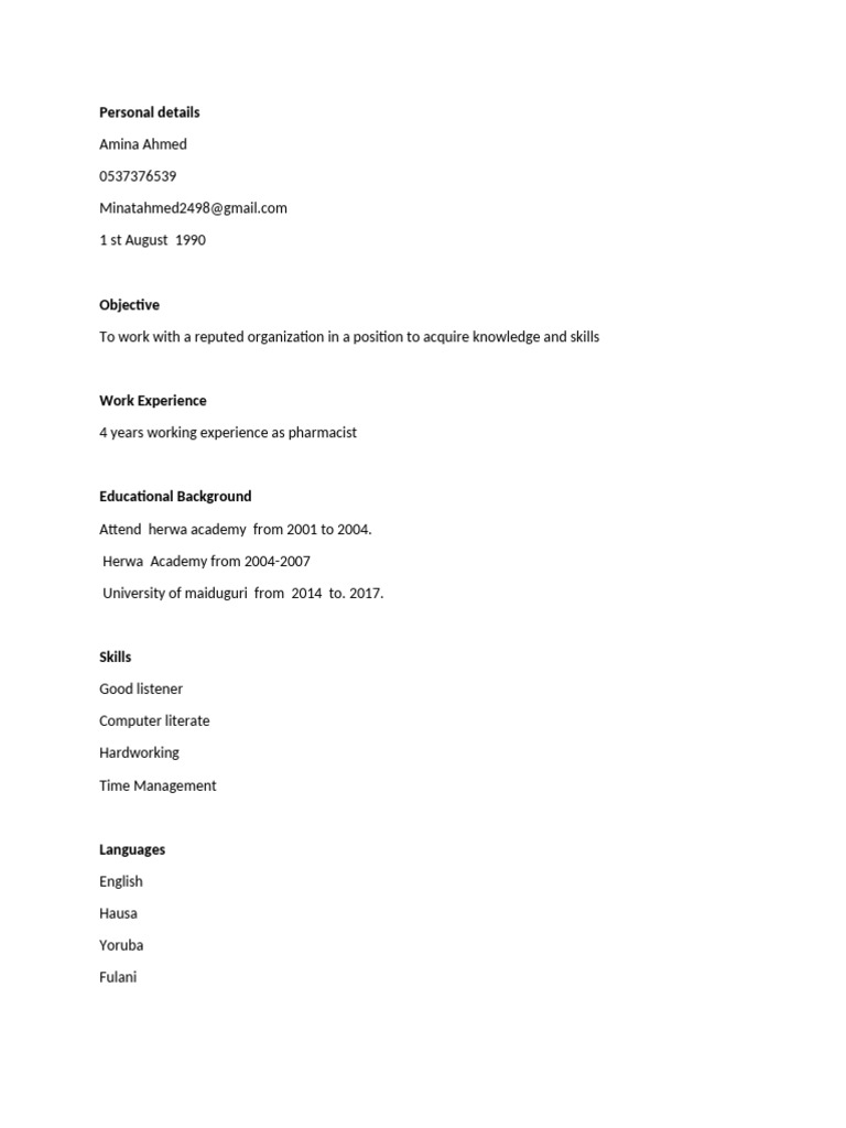 Amina Ahmed CV | PDF | Self-Improvement | Wellness