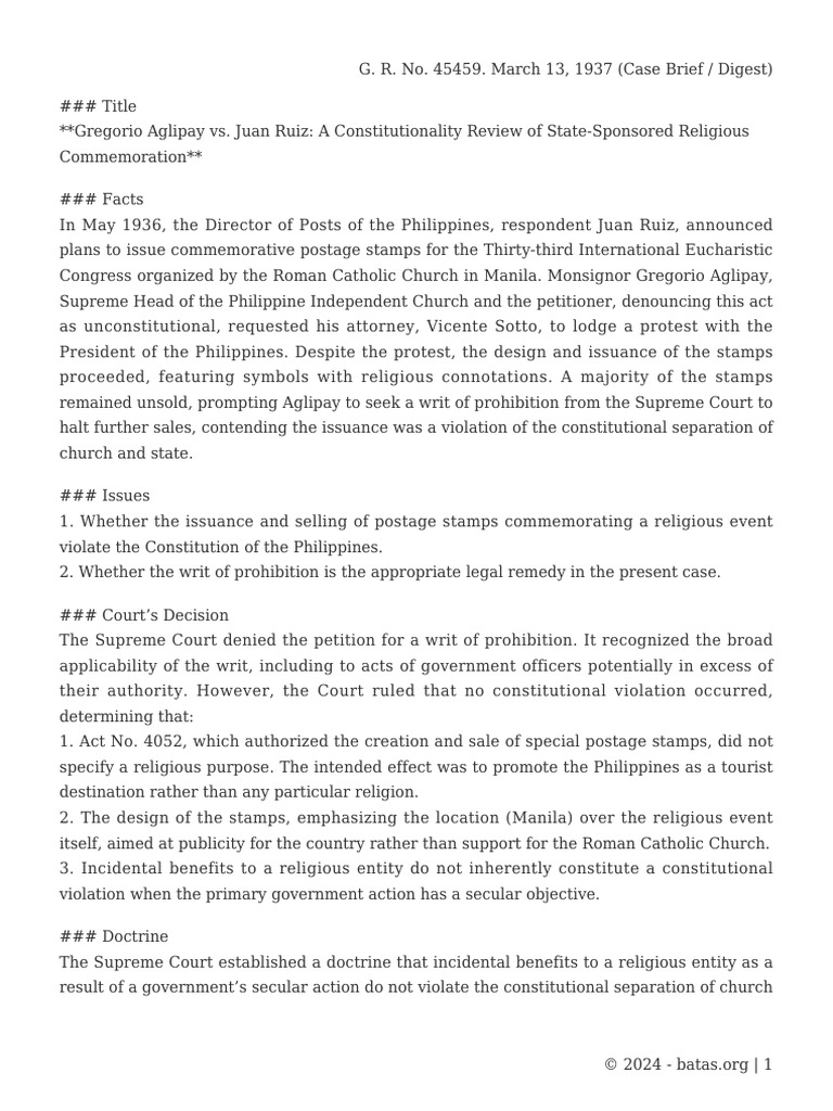Aglipay v. Ruiz: Church-State Separation Case | PDF | Separation Of ...