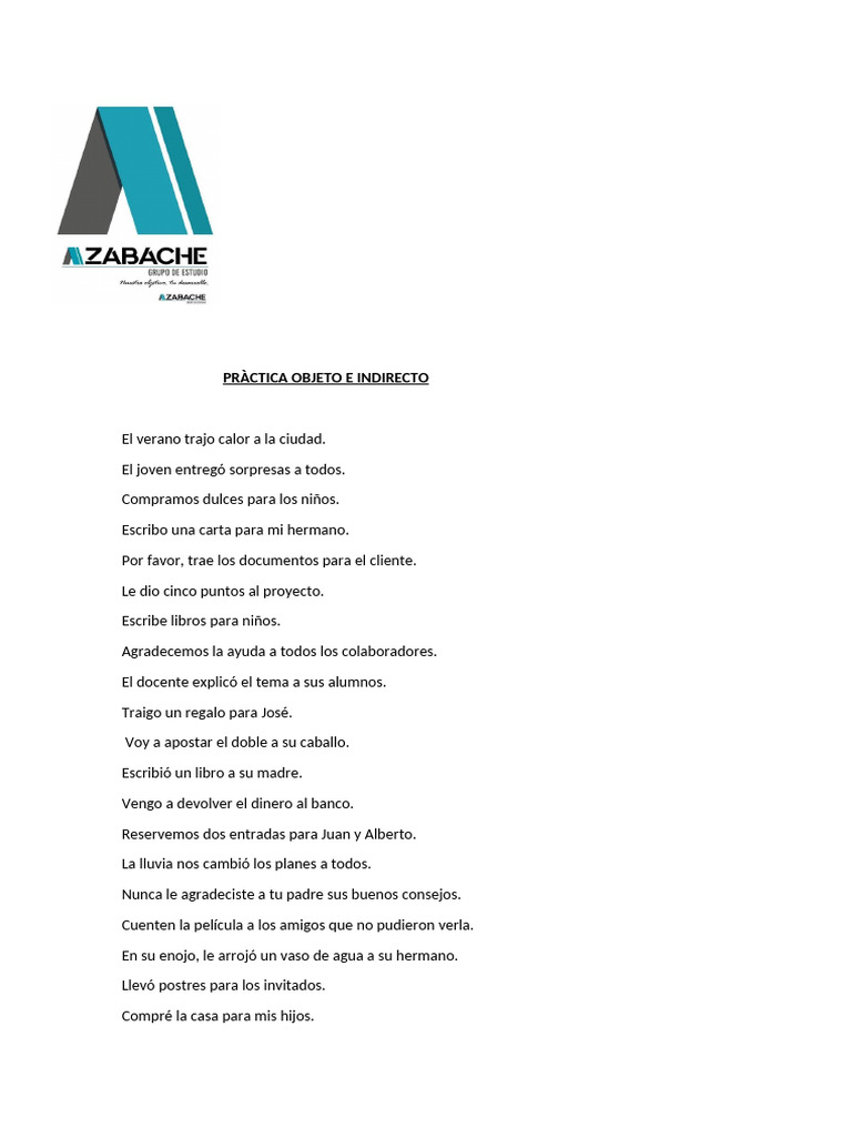 Práctica de Objetos Directos e Indirectos | PDF