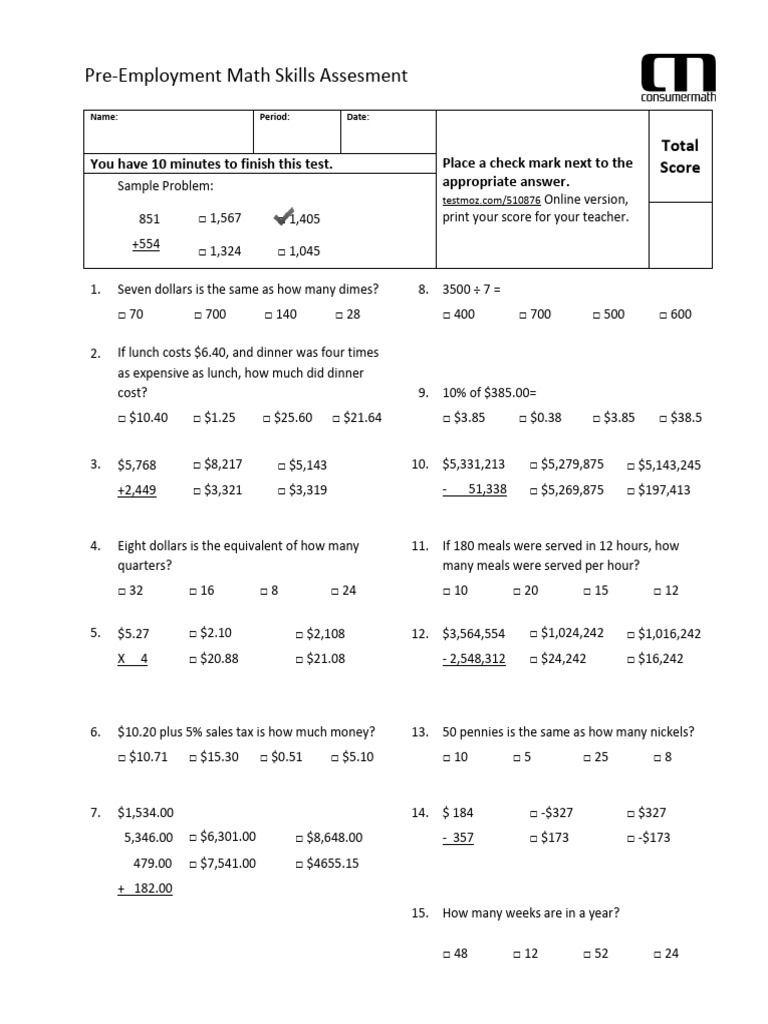 Pre-Employment Math Skills Assessment | PDF | Meal