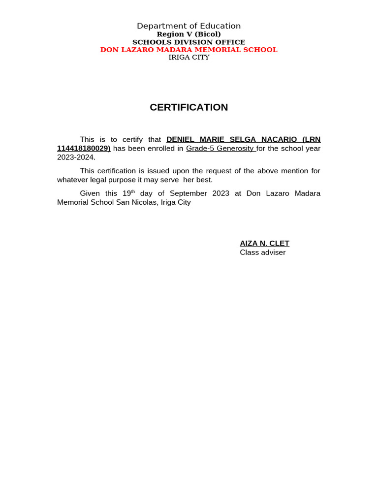Certification For Enrollment | PDF