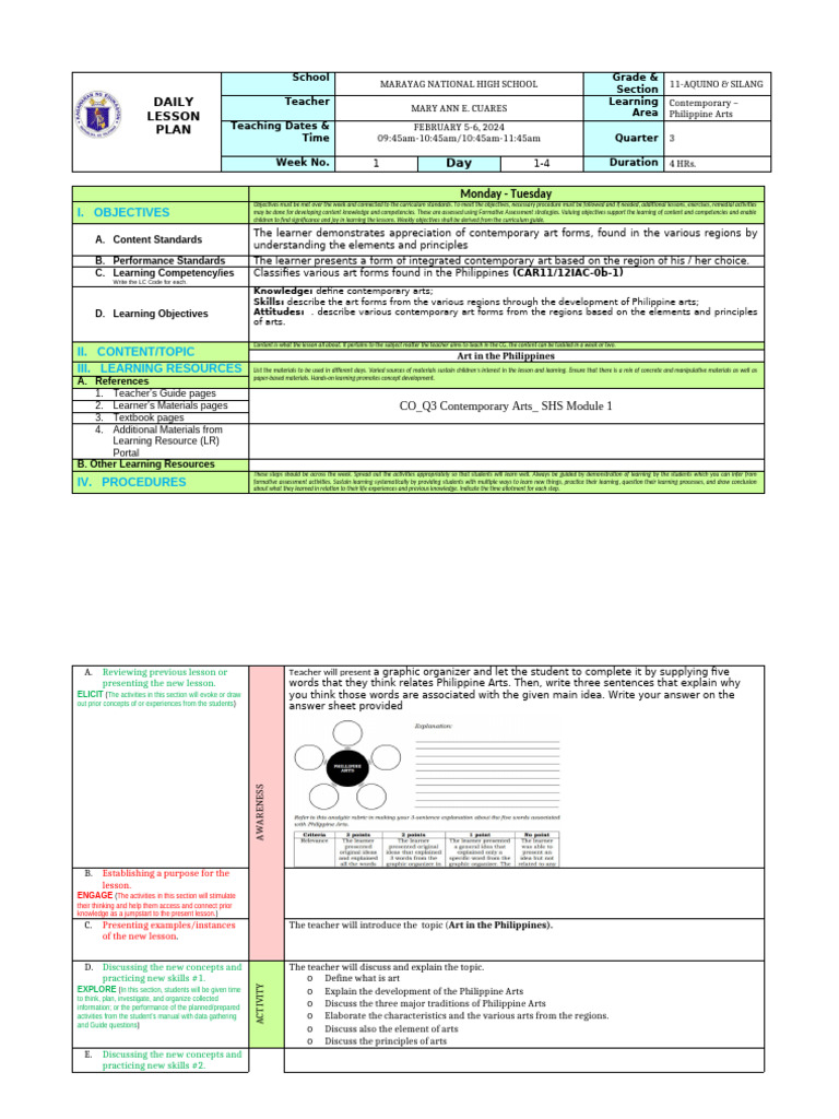 q3 - Contemporary Arts - Week 1-DAILY LESSON PLAN | PDF | Learning | Teachers