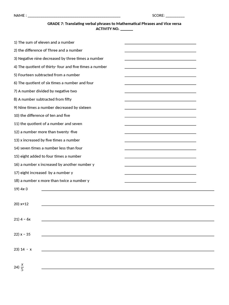 Translating Verbal Phrases Worksheet 2 | PDF | Numbers | Mathematics
