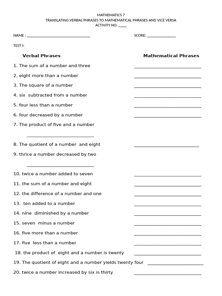 Translating Verbal To Mathematical Phrases Worksheet | PDF | Numbers ...