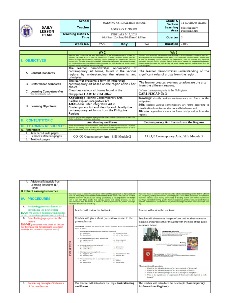 q3 - Contemporary Arts - Week 2&3-DAILY LESSON PLAN | PDF | Learning ...