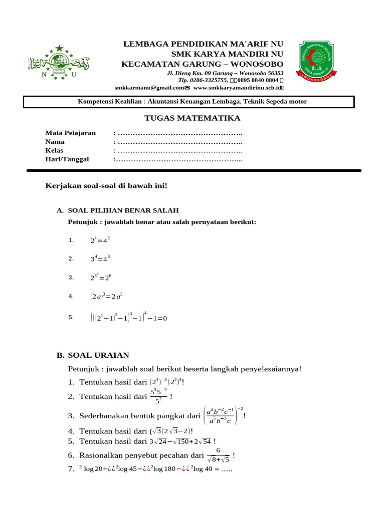 Soal Asesmen Pangkat Dan Akar MTK Kelas X | PDF