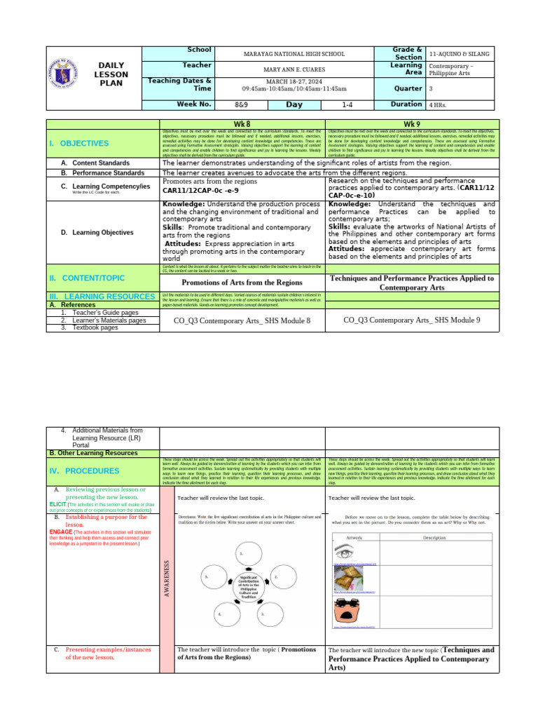 q3 - Contemporary Arts - Week 8&9-DAILY LESSON PLAN | PDF | Learning ...