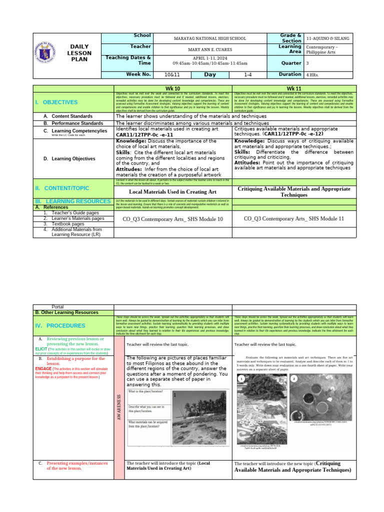 q3 - Contemporary Arts - Week 10&11-DAILY LESSON PLAN | PDF | Learning ...