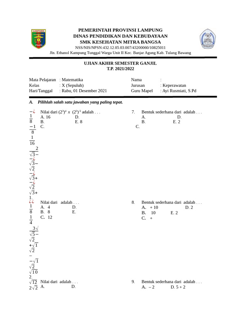 Soal UAS MTK Ganjil Kelas X MB | PDF