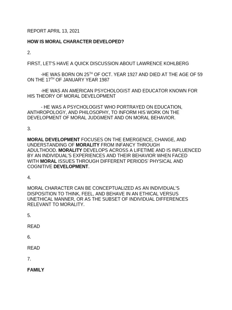 Report April 13 Moral Character | PDF | Adolescence | Morality
