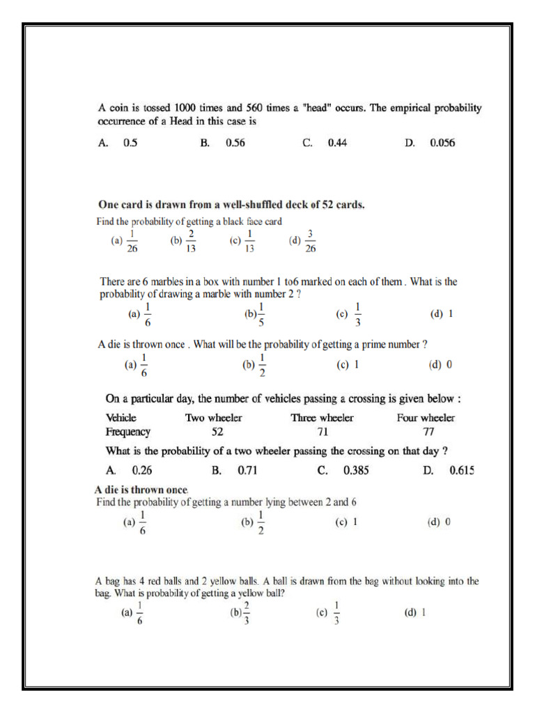 X Probability MCQ Assignment | PDF