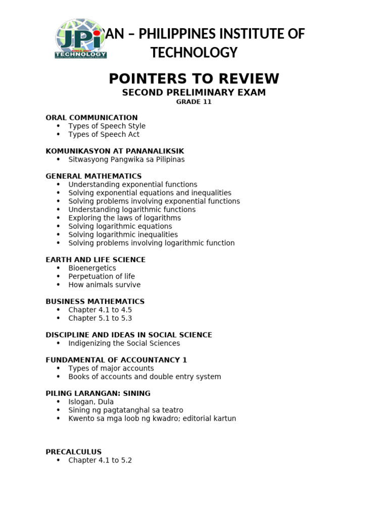 Pointers To Review Muzon San Jose 2nd Prelim | PDF | Chemical Bond | Science