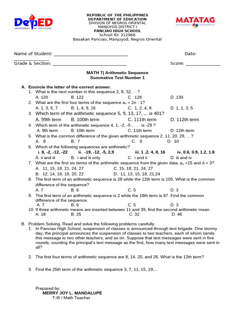 Q1 G10 - Arithmetic Sequence | PDF | Science | Mathematics