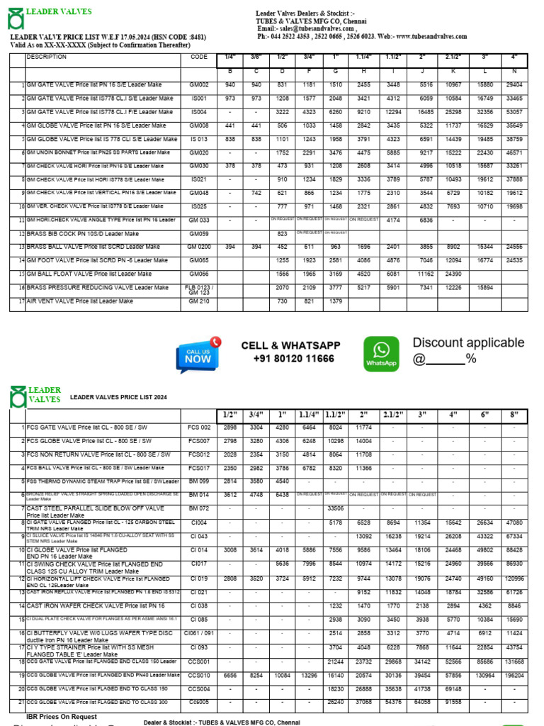 Leader Valves Price List 2024 | PDF | Valve | Hydraulic Engineering