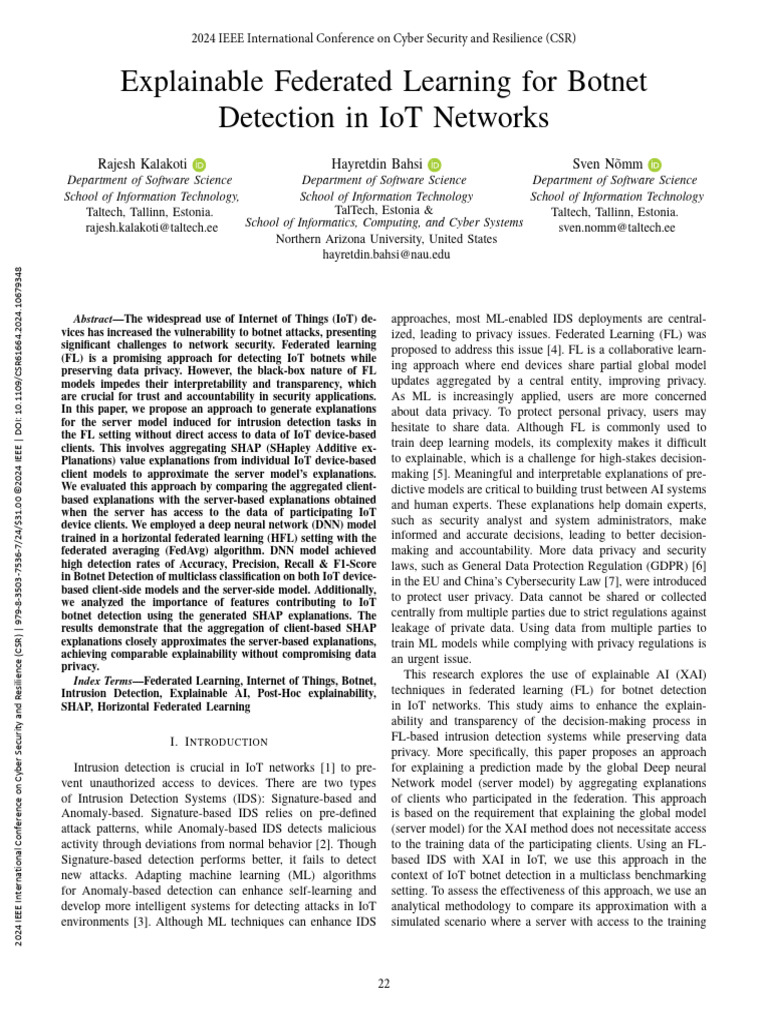 Explainable Federated Learning For Botnet Detection in IoT Networks | PDF | Internet Of Things ...