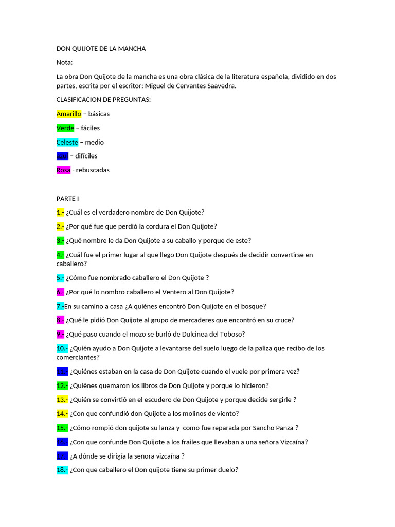 Preguntas sobre Don Quijote | PDF | Don Quijote | Cueva