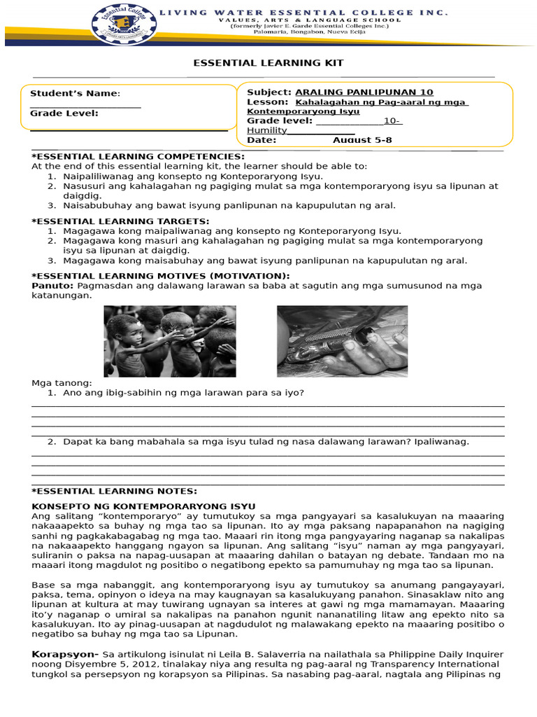 ESSENTIAL-LEARNING-KIT AP10 Q1 Week 1 | PDF