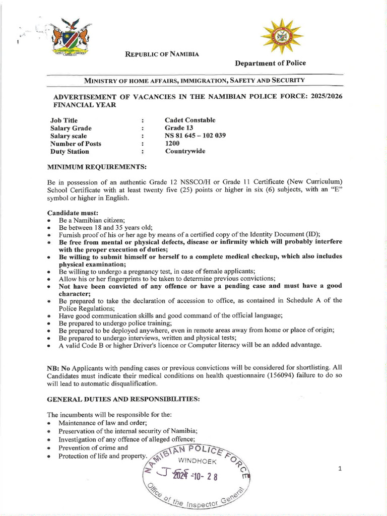Namibian Police Force Recruit's Advert 2024-2025 | PDF