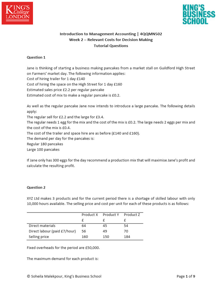 4QQMN502 W2 Tutorial Questions | PDF | Overtime | Cost