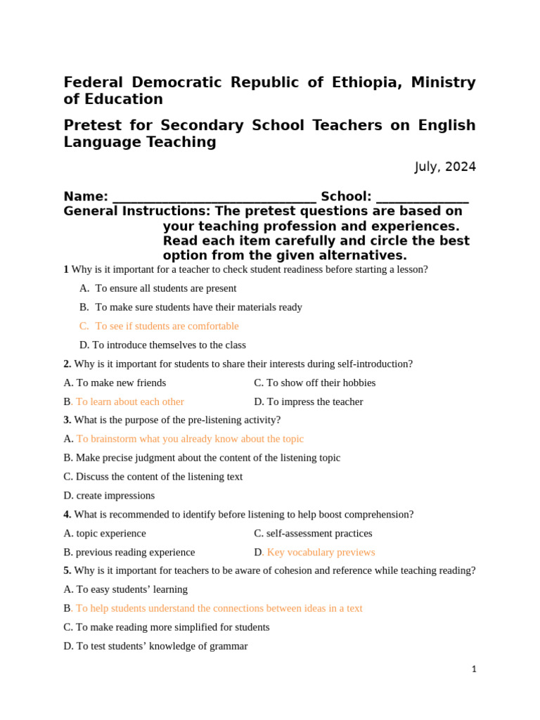 English Pre-Test 100927 | PDF | Reading Comprehension | Vocabulary