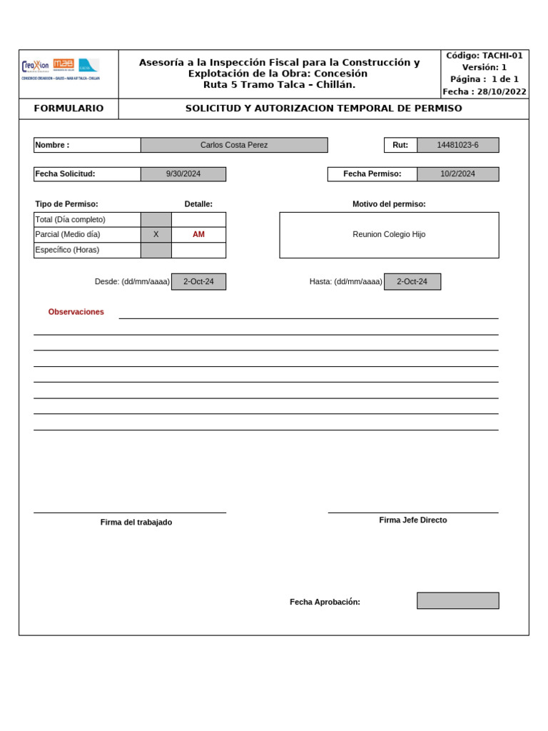 Solicitud de Permiso Temporal | PDF