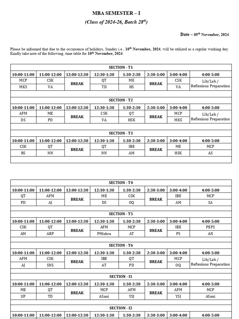 MBA Semester I Timetable Update | PDF