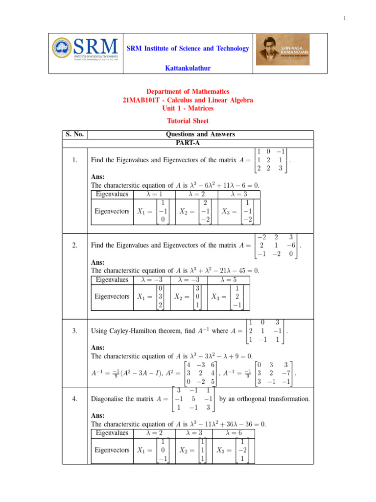 21MAB101T Solution To Tutorial Sheet Unit 1 | PDF | Eigenvalues And Eigenvectors | Applied ...