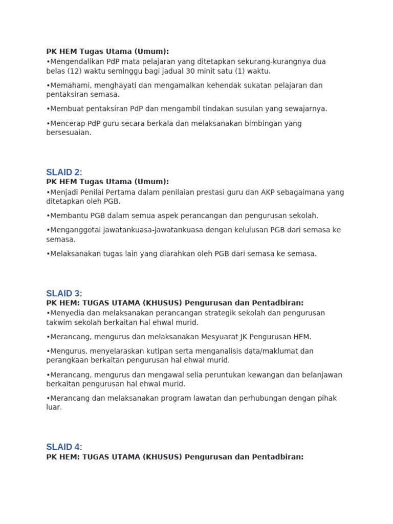 Tugas Utama PK HEM di Sekolah | PDF