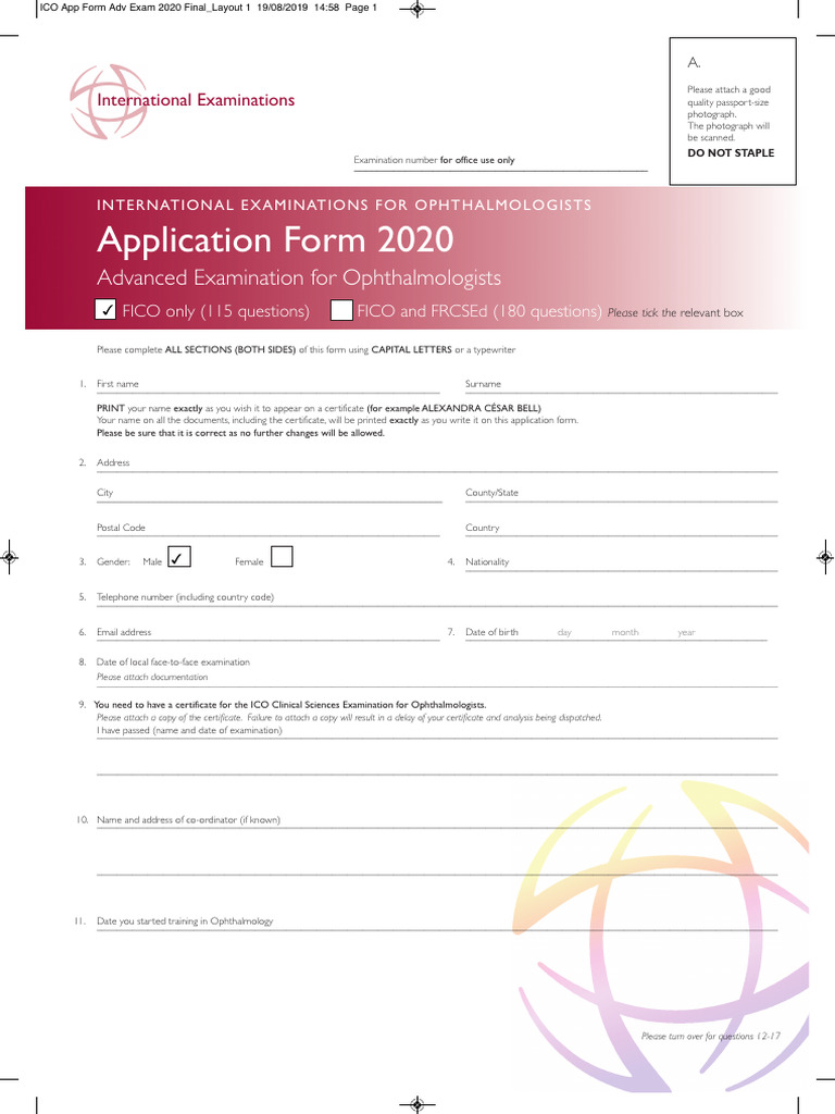 ICO Advanced Exam Application Form 2020 | PDF | Ophthalmology | Health Care