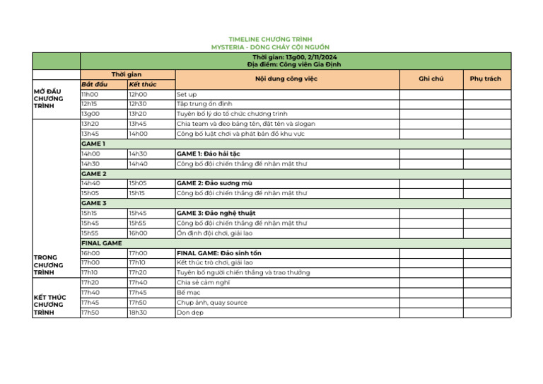 Bảng Hoạt Động Teambuilding - Timeline Chương Trình | PDF