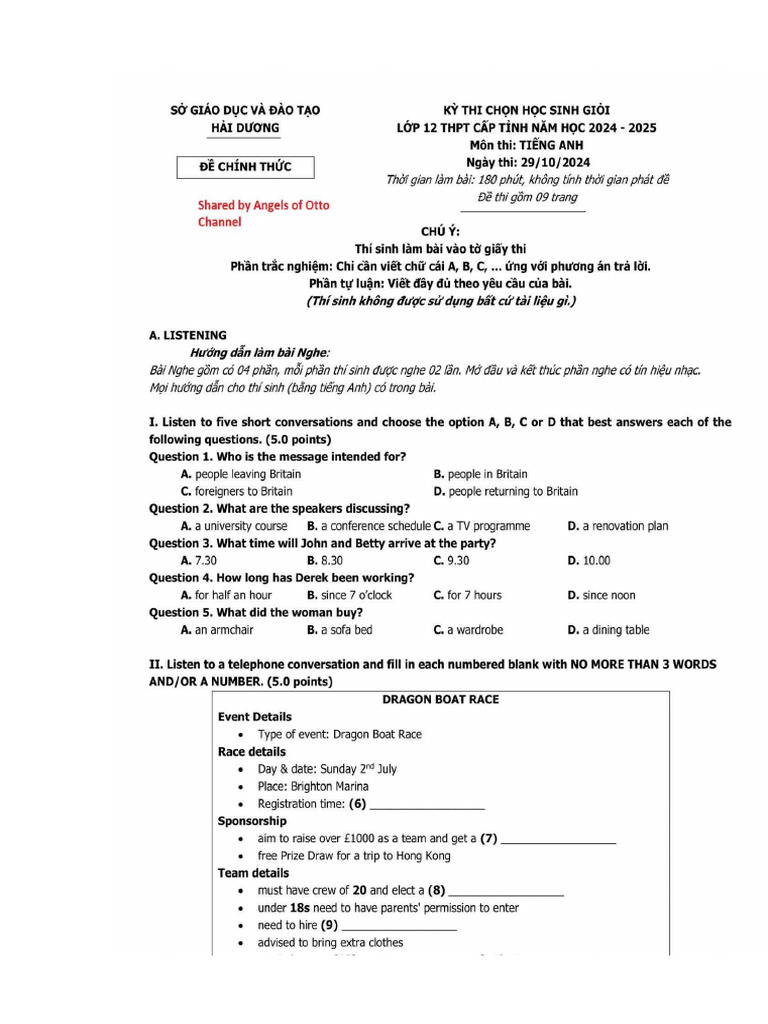 Đề Hsg Có Đáp Án Otto | PDF