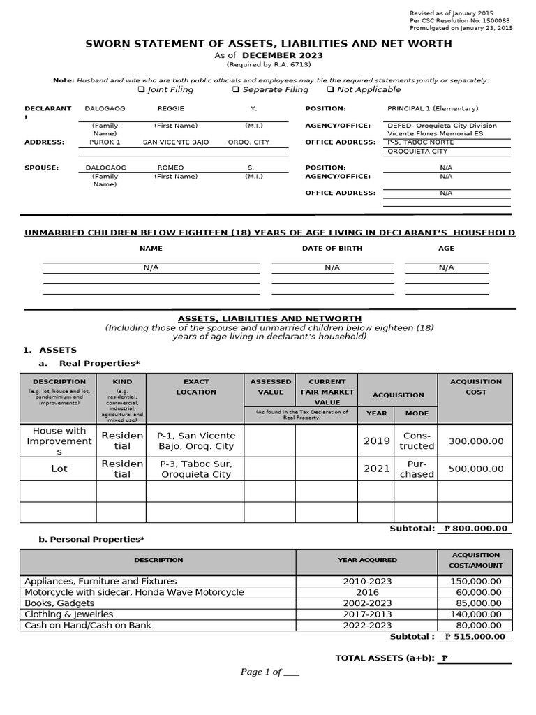 2015 SALN Form | PDF | Money | Financial Services