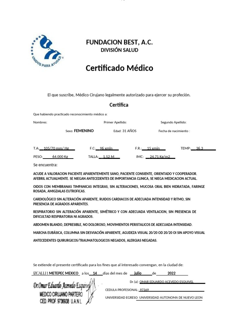 Certificado Medico FUNDACION BEST | PDF