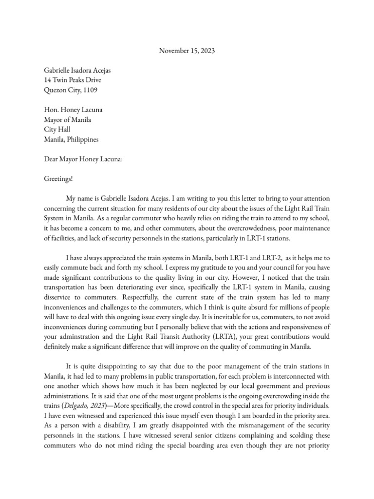 Sample Letter For Addressing An Issue | PDF | Train | Manila