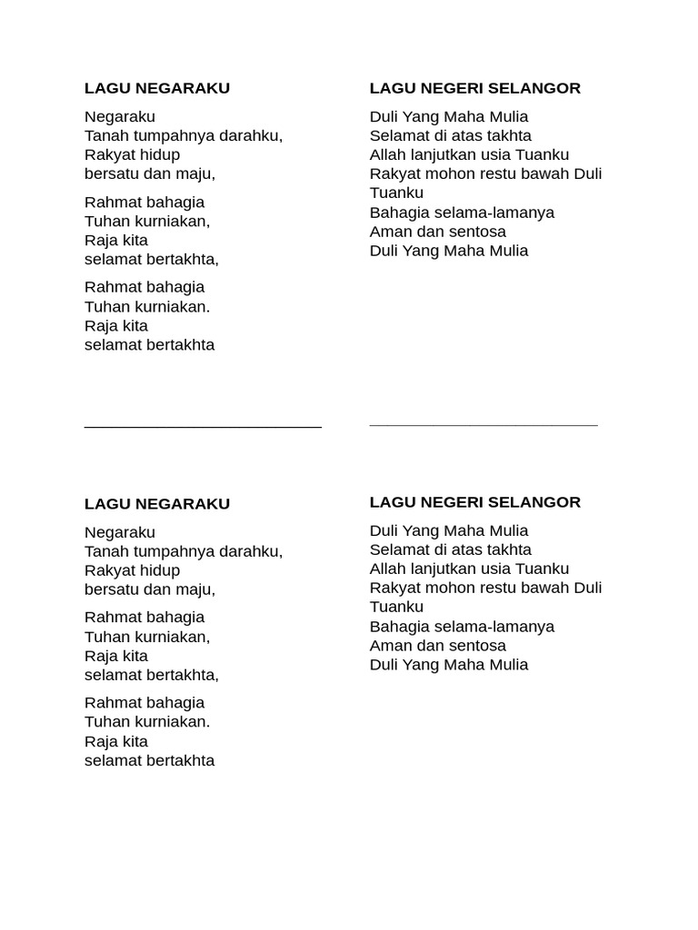 Lirik Lagu Negaraku dan Negeri Selangor | PDF