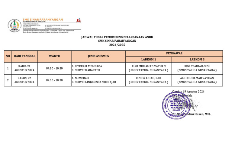 Jadwal Pengawasan ANBK 2024 SMK Sinar Parahyangan | PDF