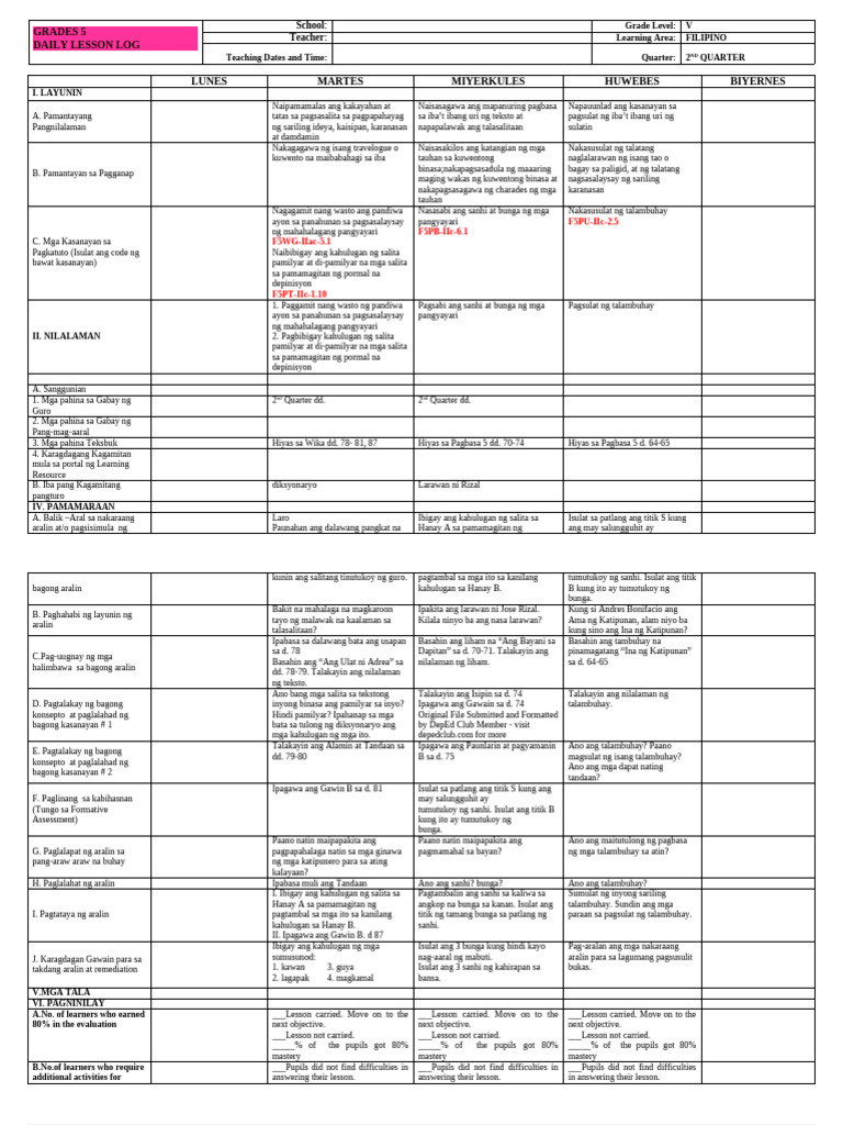 DLL - Filipino 5 - Q2 - W3 | PDF