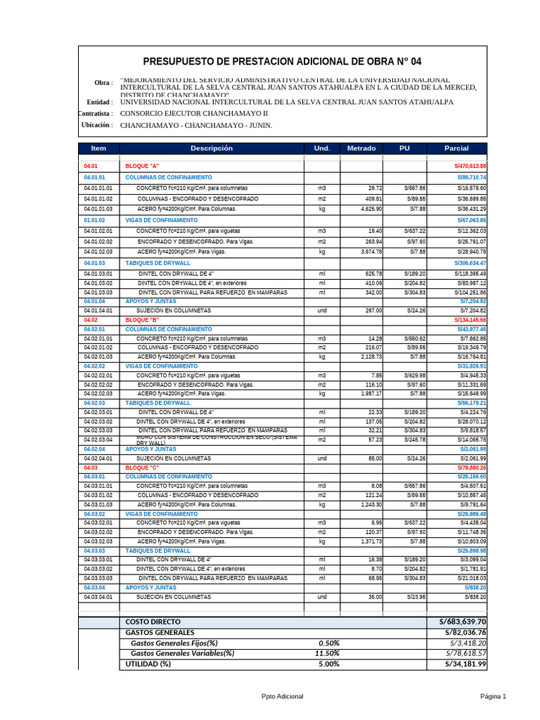 Presupuesto - Prestación Adicional de Obra #04 | PDF | Hormigón | Materiales de construcción