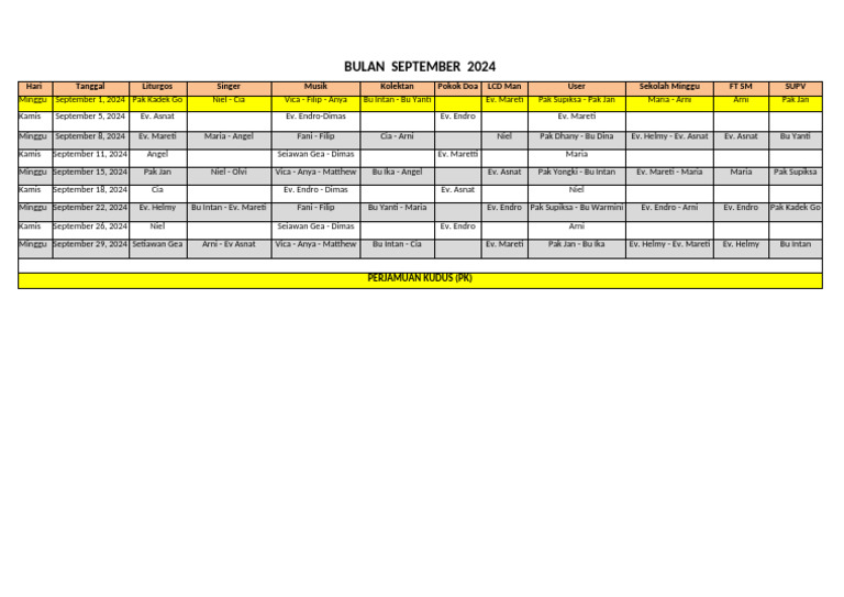 Jadwal Penatalayan Sept (Revisi) 2024 | PDF